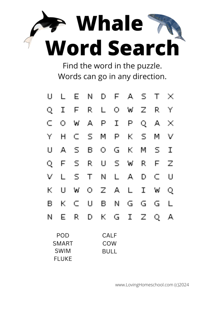 Whale Word Search Printables - LovingHomeschool.com