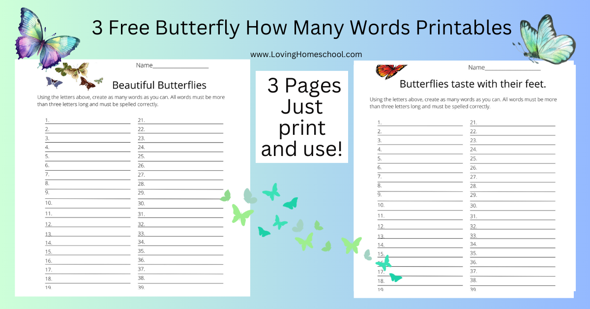 3 Free Butterfly How Many Words Printables - LovingHomeschool.com