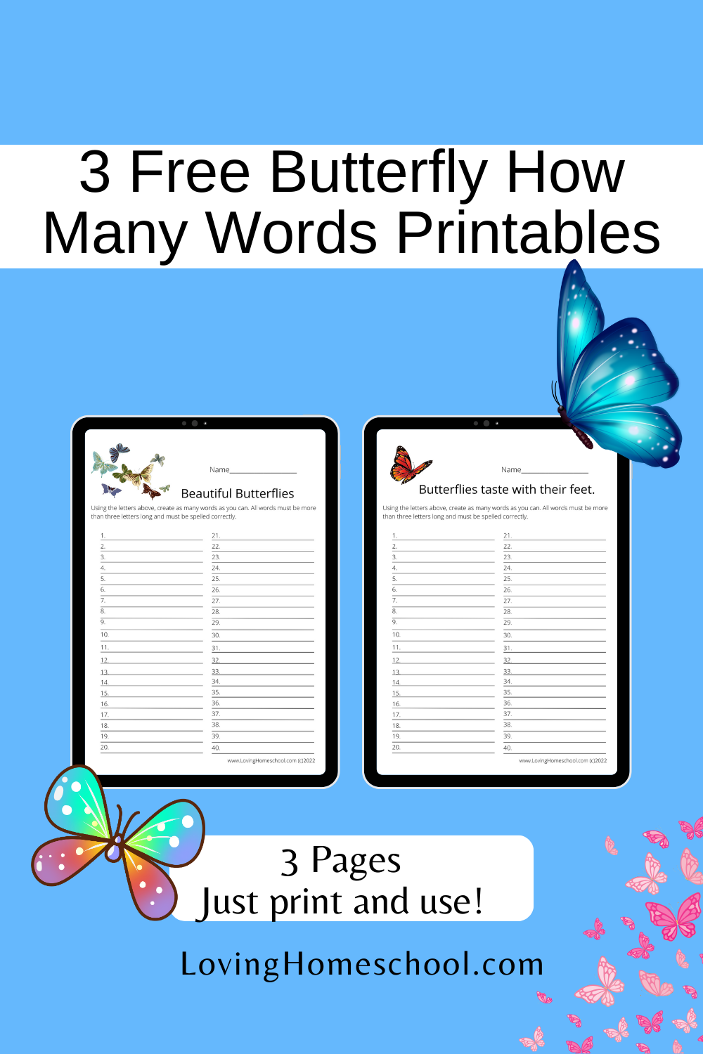 3 Free Butterfly How Many Words Printables - LovingHomeschool.com