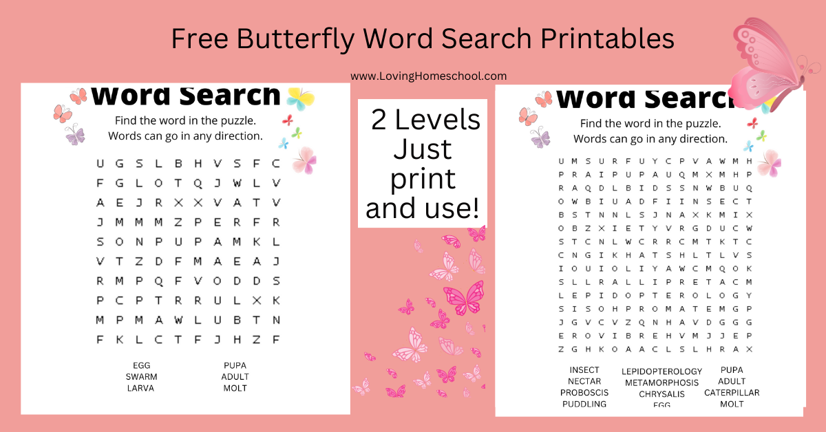 Butterfly Word Search Printables - LovingHomeschool.com