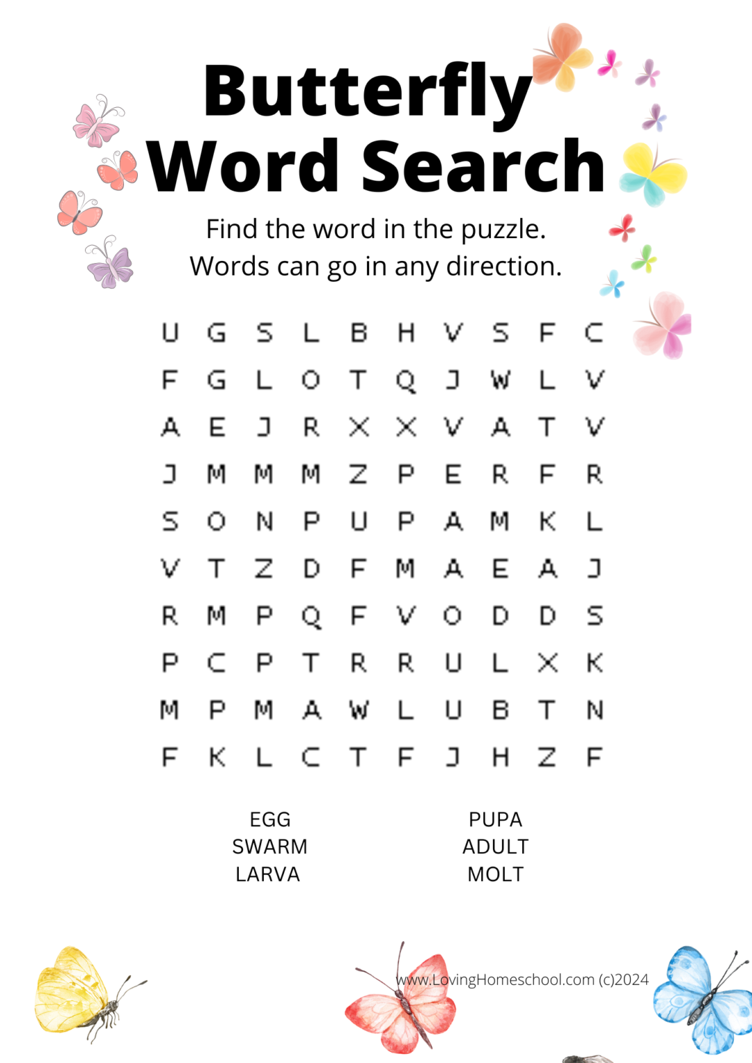 Butterfly Word Search Printables - LovingHomeschool.com