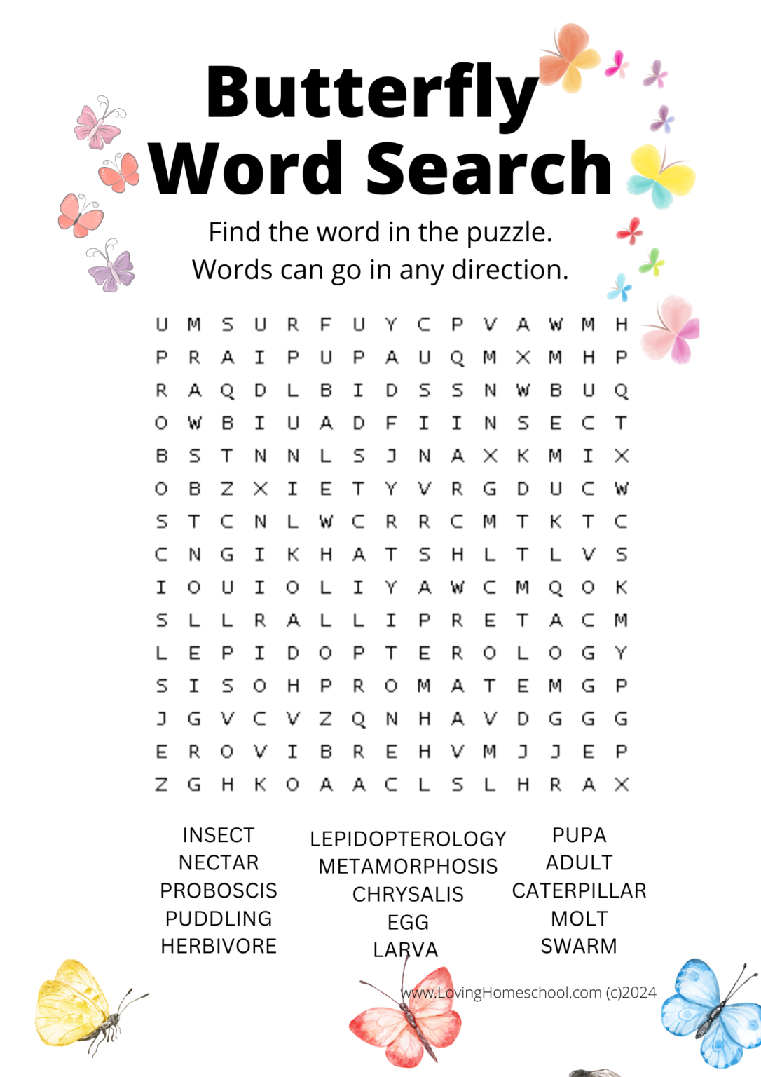 Butterfly Word Search Printables - LovingHomeschool.com