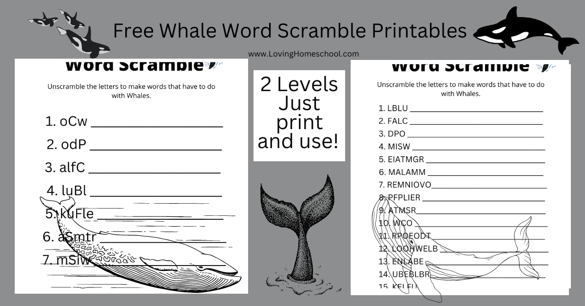 Whale Word Scramble Printables - LovingHomeschool.com
