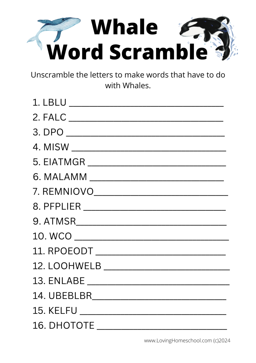 Whale Word Scramble Printables - LovingHomeschool.com