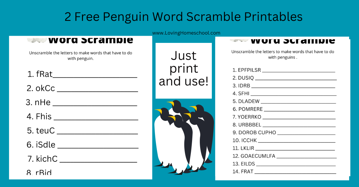 Penguin Word Scramble Printables - LovingHomeschool.com