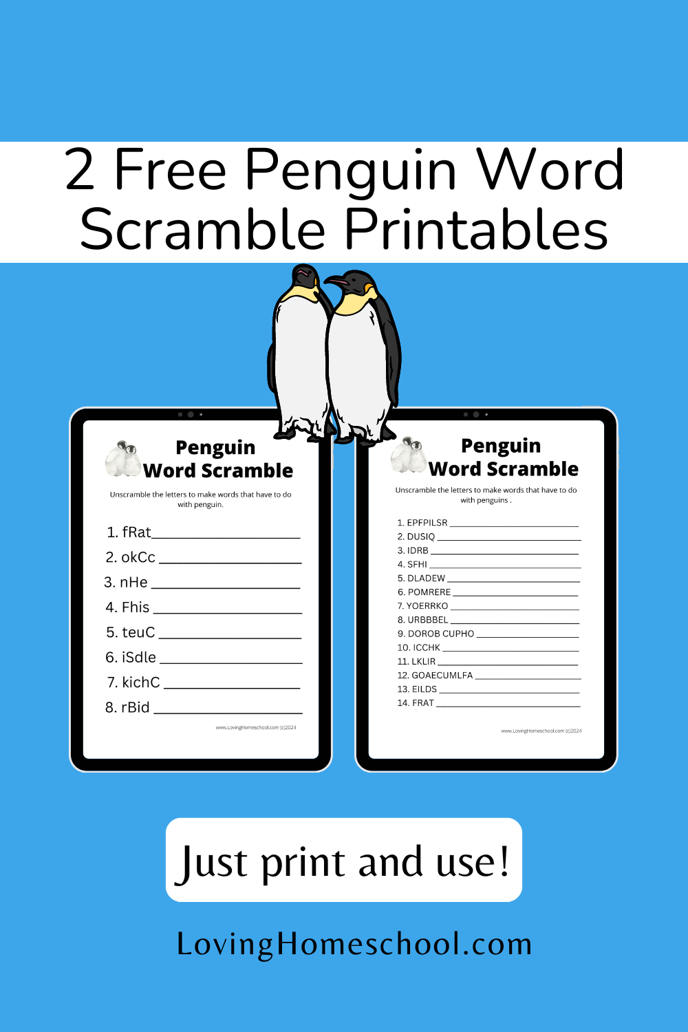 Penguin Word Scramble Printables - LovingHomeschool.com