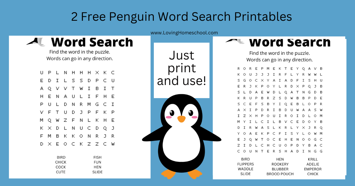 Penguin Word Search Printables - LovingHomeschool.com