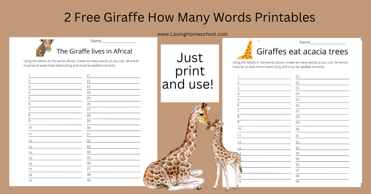 2 Free Giraffe How Many Words Printables - LovingHomeschool.com