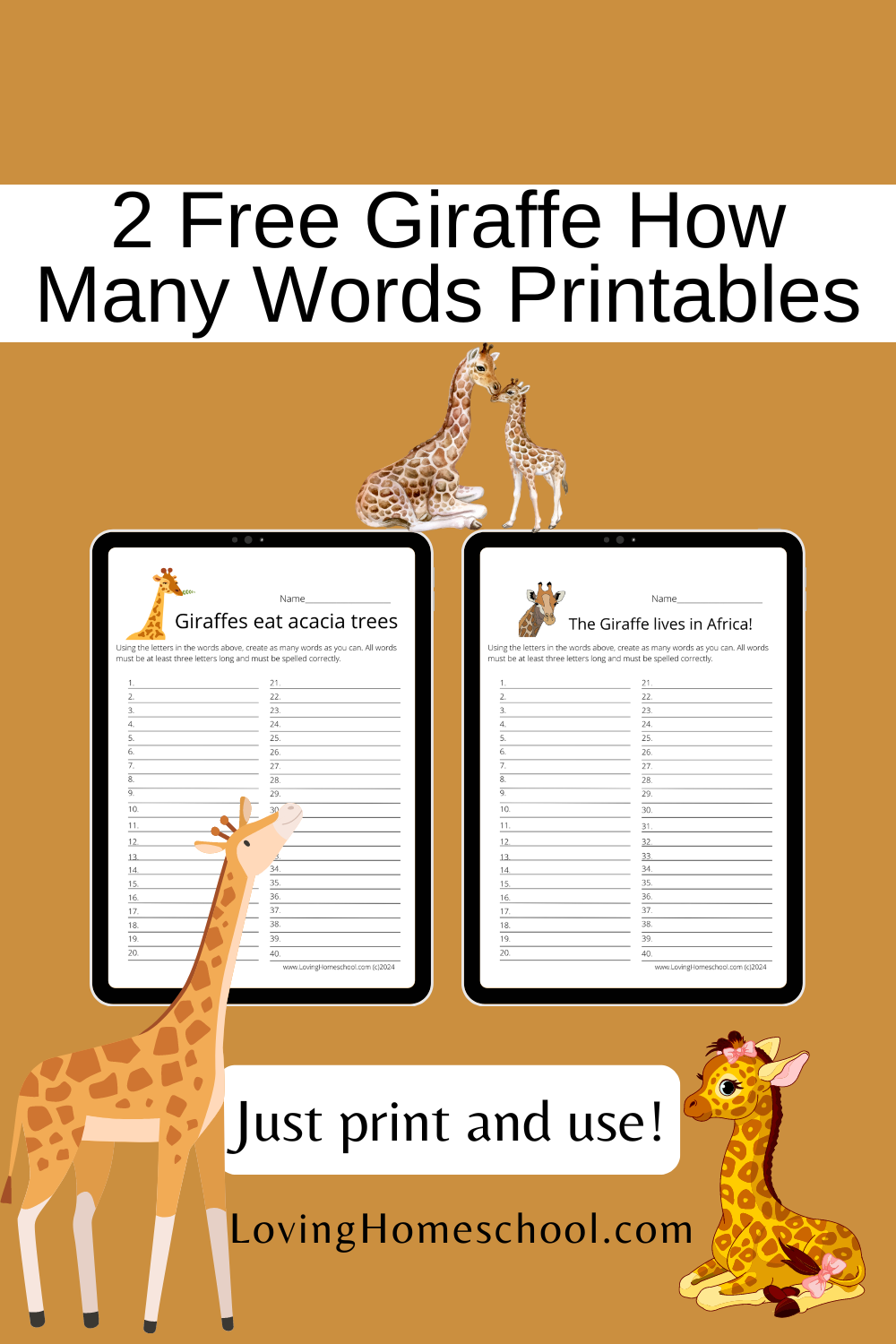 2 Free Giraffe How Many Words Printables - LovingHomeschool.com
