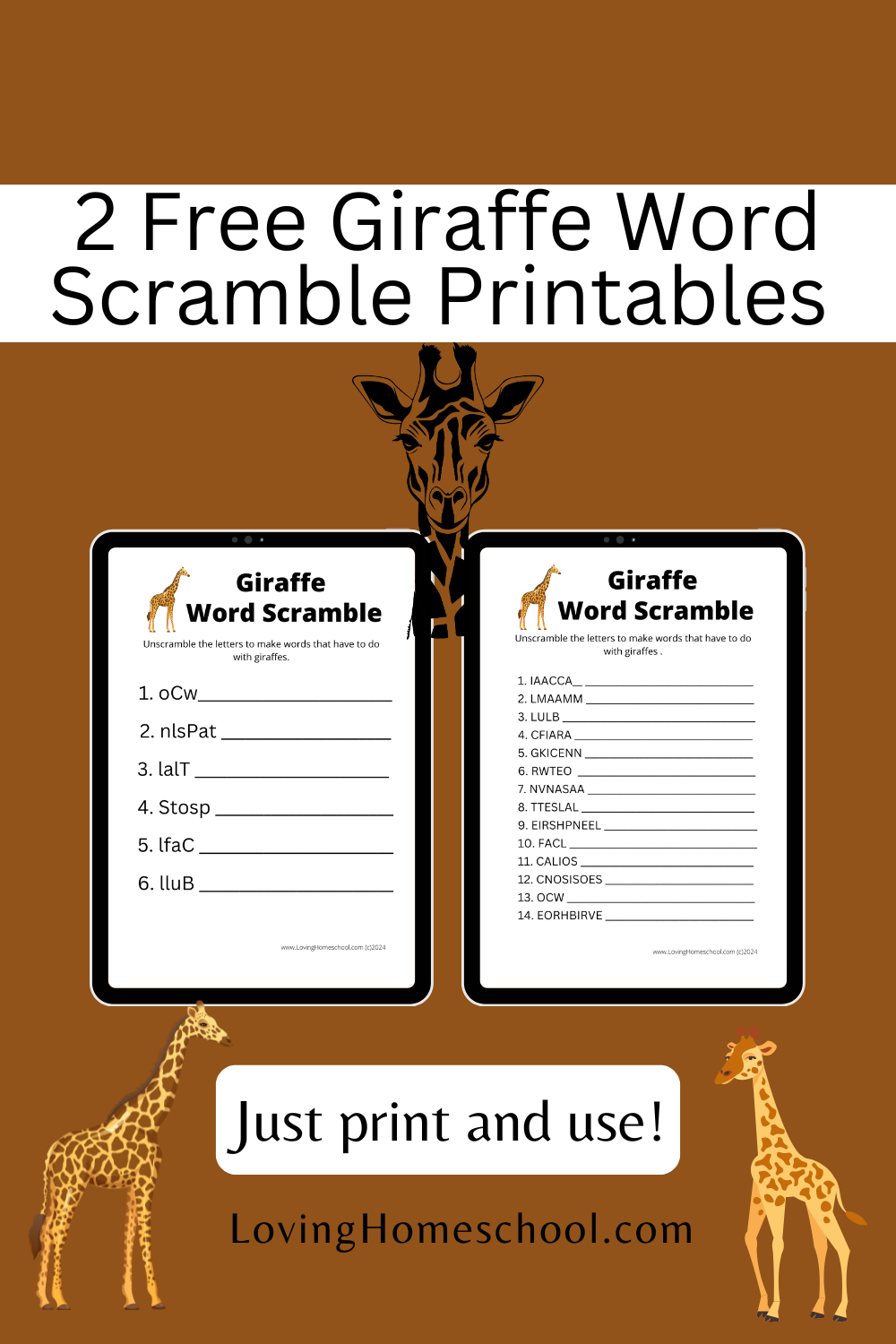 Giraffe Word Scramble Printables - LovingHomeschool.com