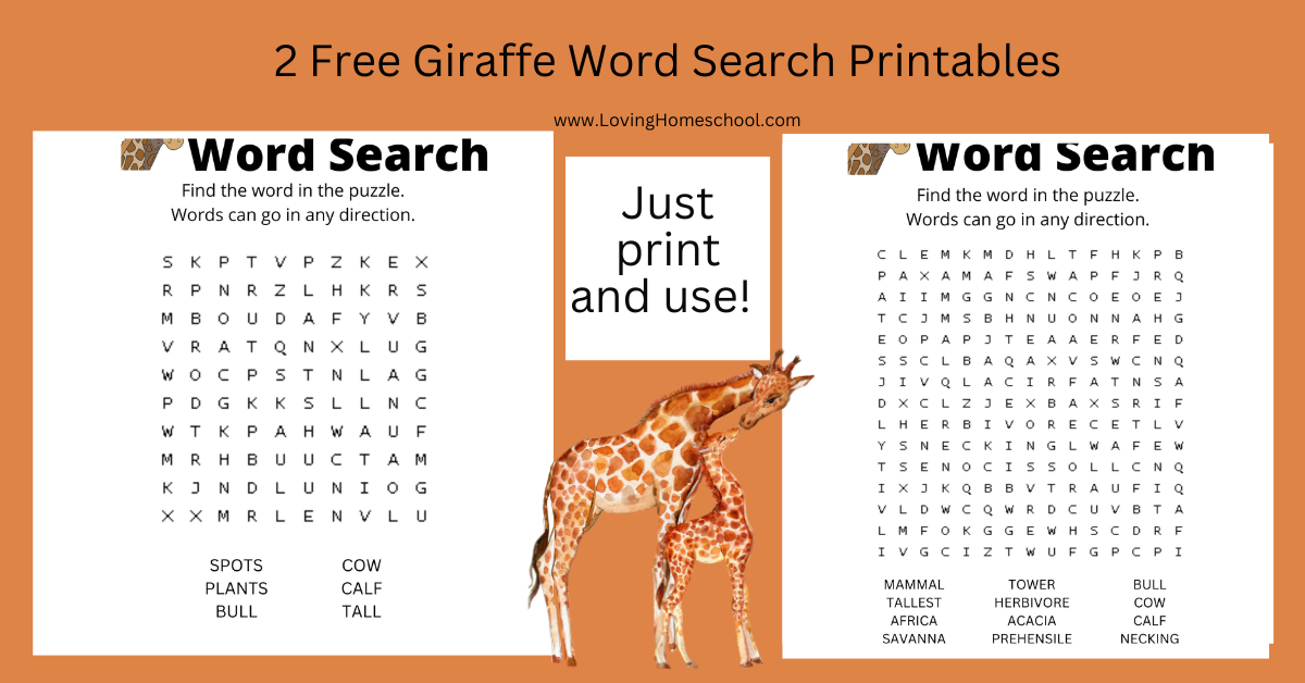 Giraffe Word Search Printables - LovingHomeschool.com