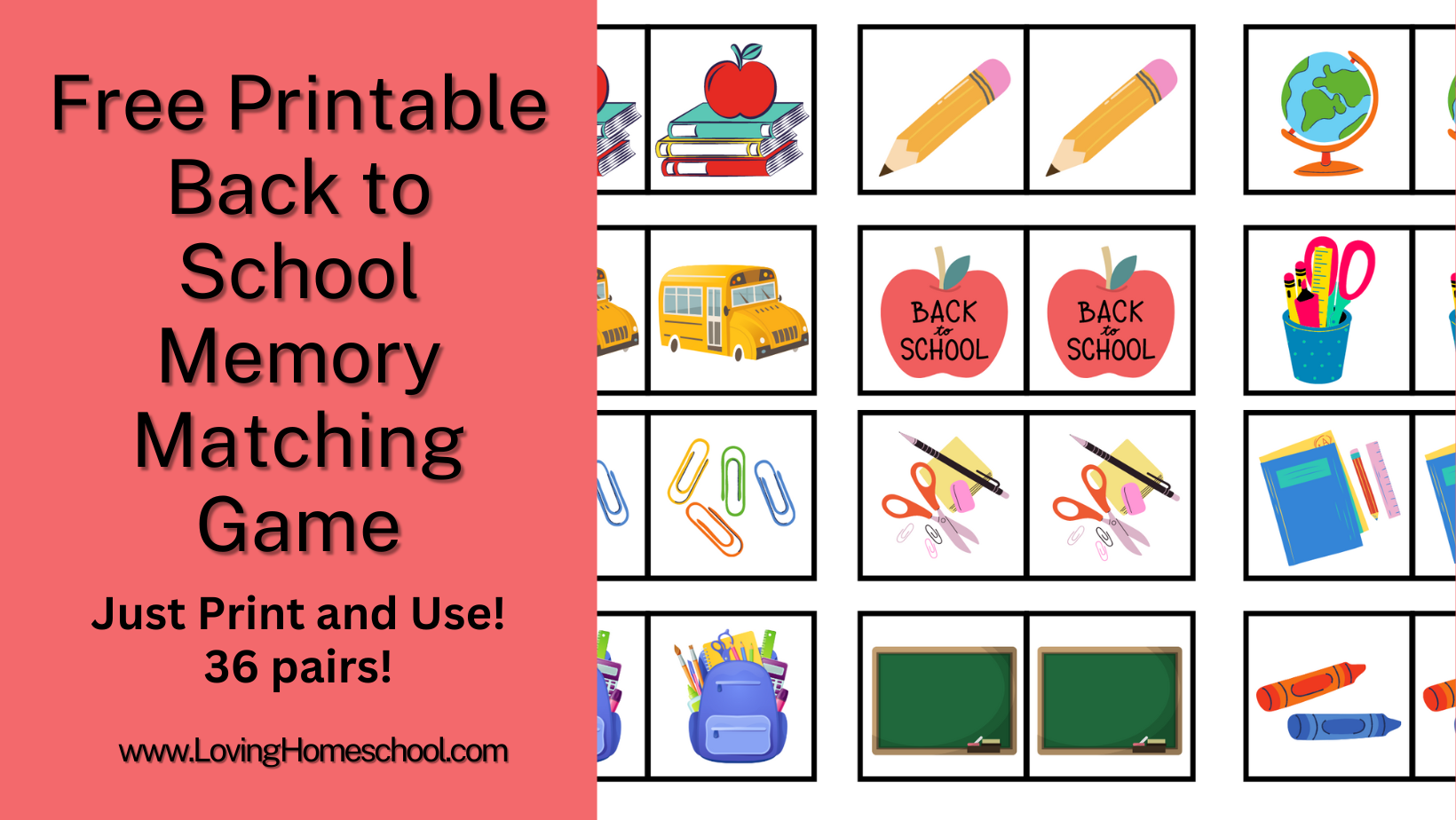 Free Printable Back to School Memory Matching Game - LovingHomeschool.com