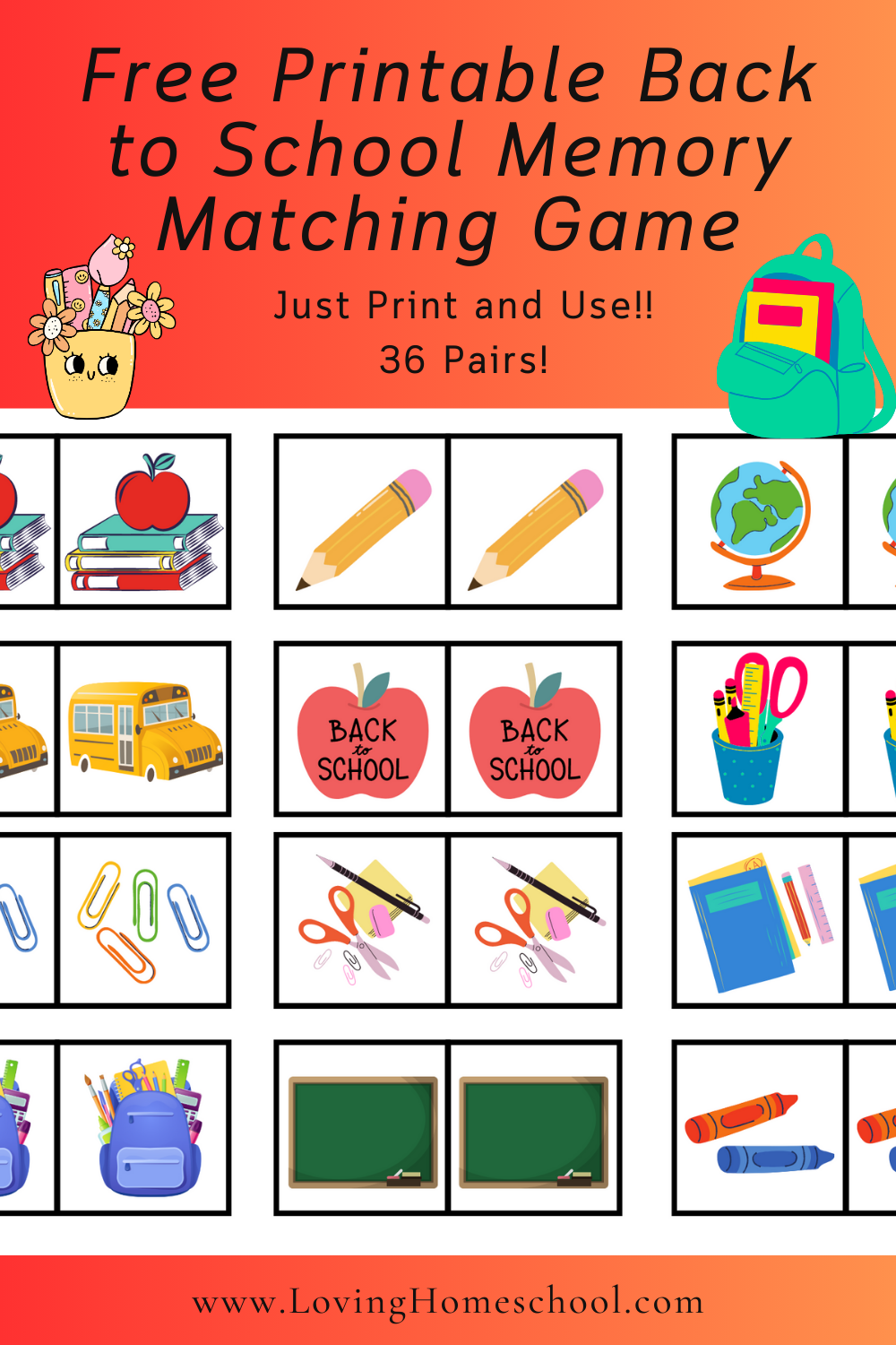 Free Printable Back to School Memory Matching Game - LovingHomeschool.com