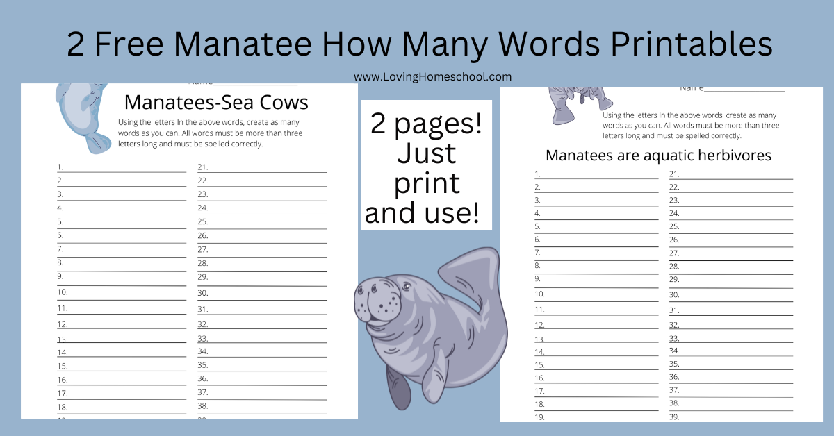 2 Free Manatee How Many Words Printables - LovingHomeschool.com