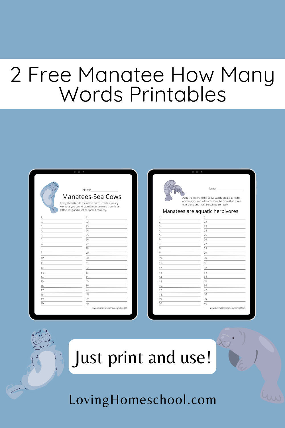 2 Free Manatee How Many Words Printables - LovingHomeschool.com