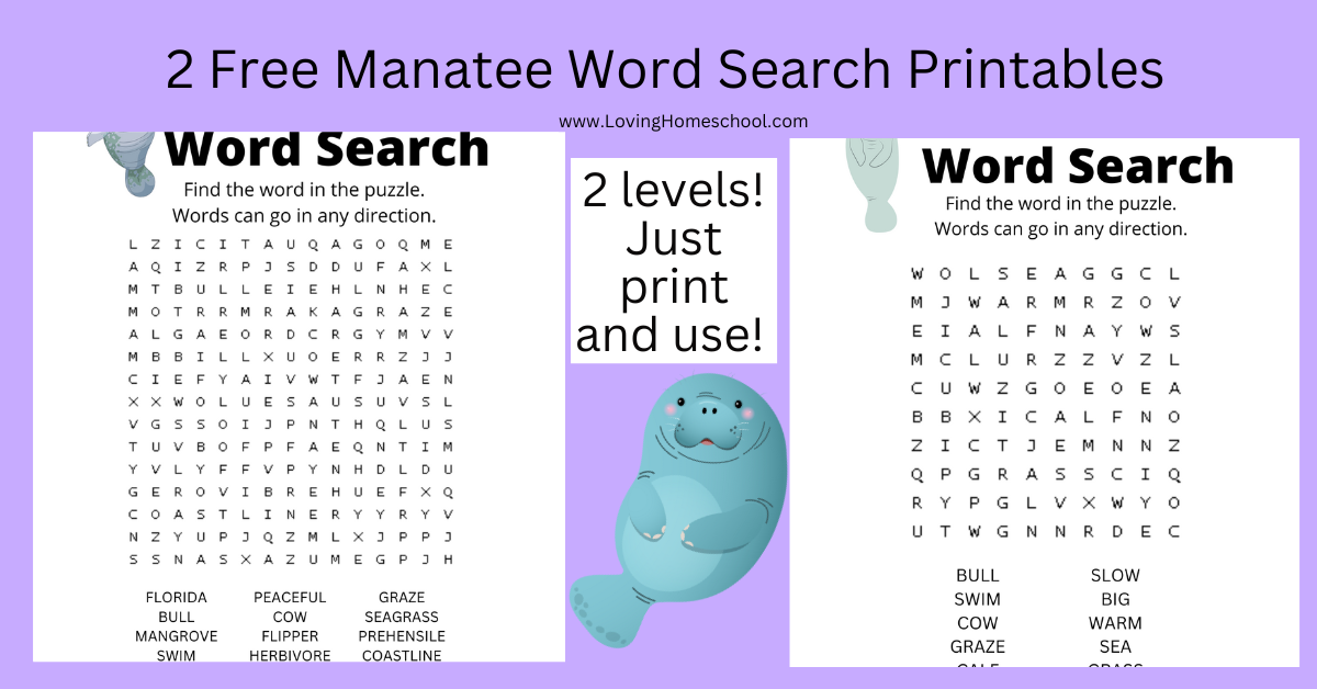 Manatee Word Search Printables - LovingHomeschool.com