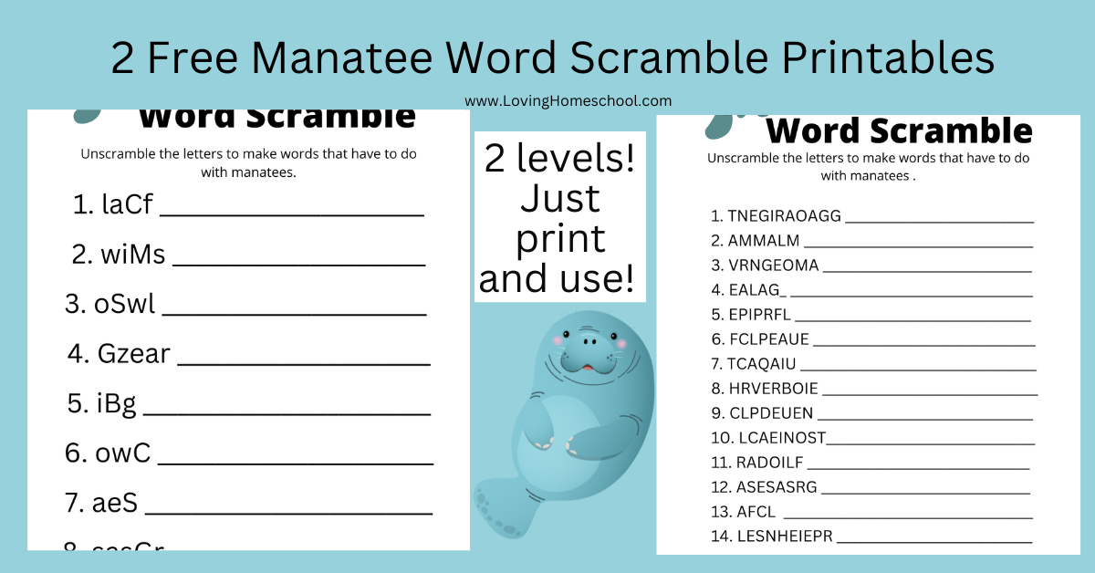 Manatee Word Scramble Printables - LovingHomeschool.com