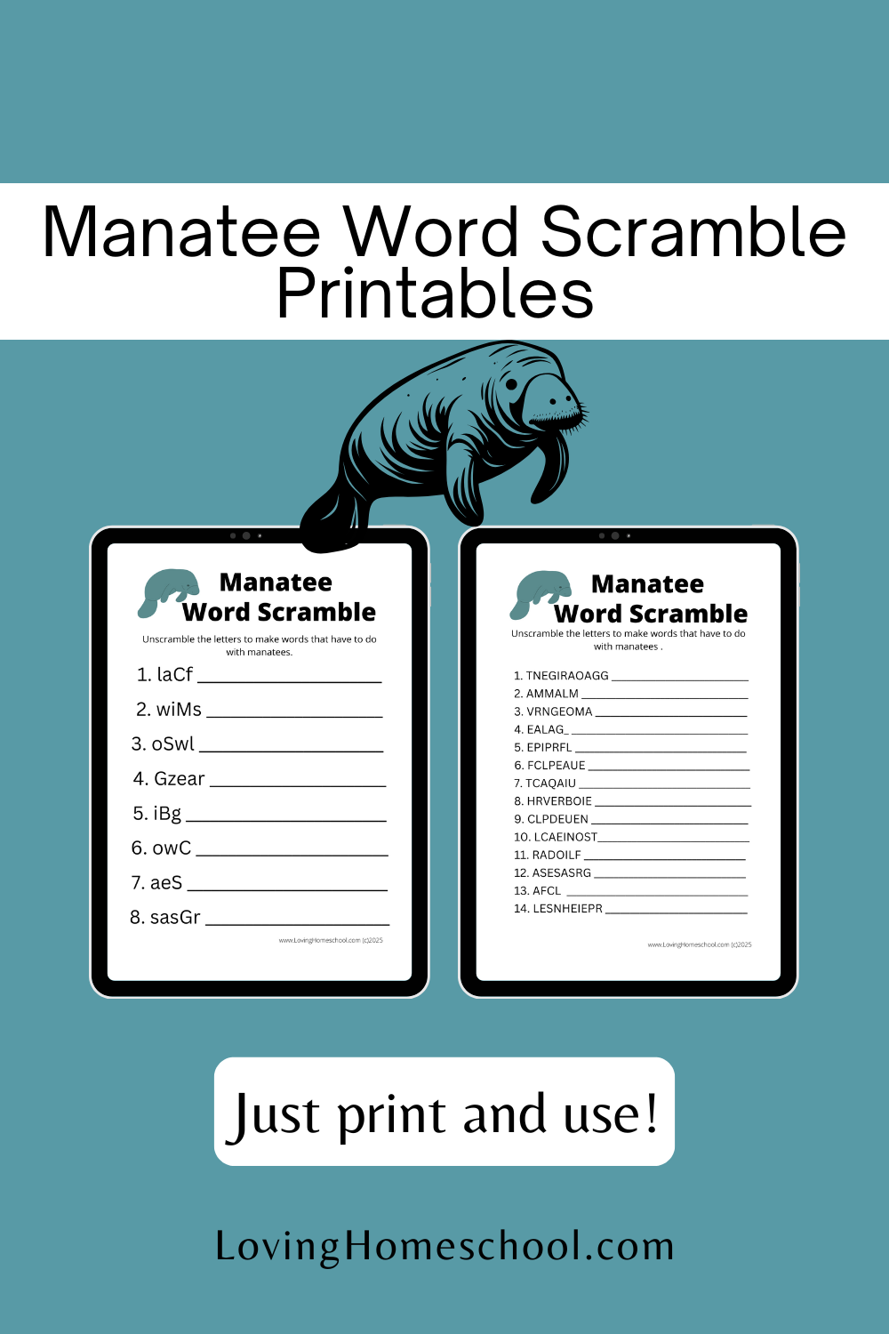 Manatee Word Scramble Printables - LovingHomeschool.com
