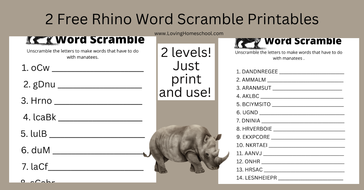 Rhino Word Scramble Printables - LovingHomeschool.com