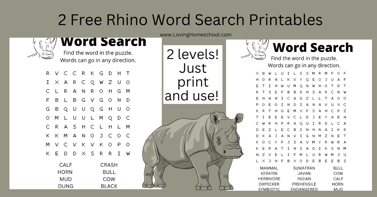 Rhino Word Search Printables - LovingHomeschool.com