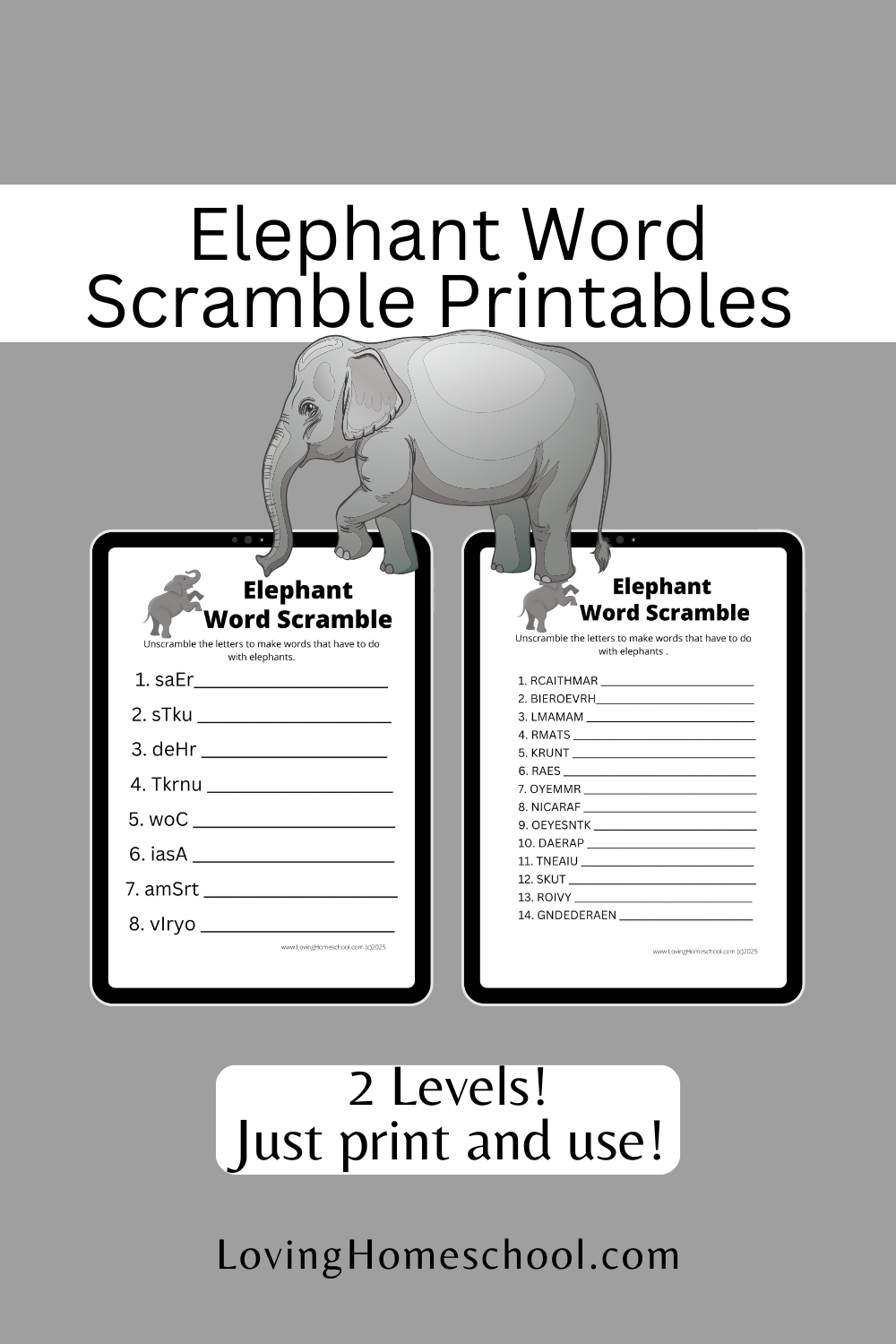 Elephant Word Scramble Printables - LovingHomeschool.com