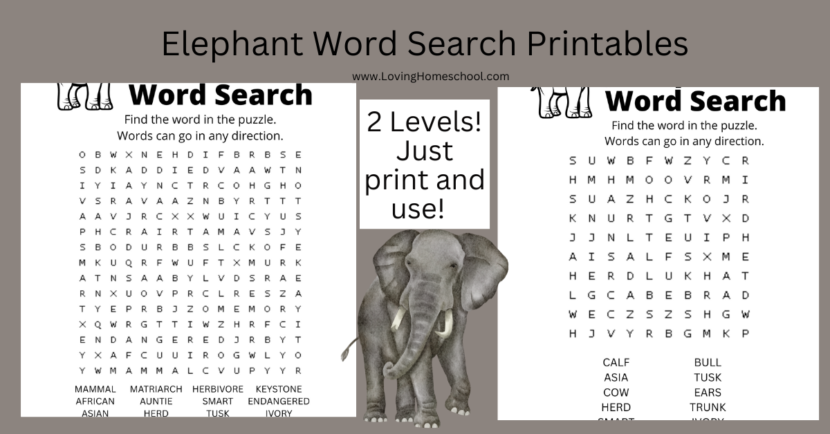 Elephant Word Search Printables - LovingHomeschool.com