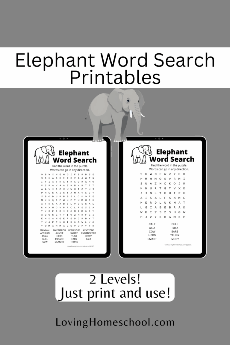 Elephant Word Search Printables - LovingHomeschool.com