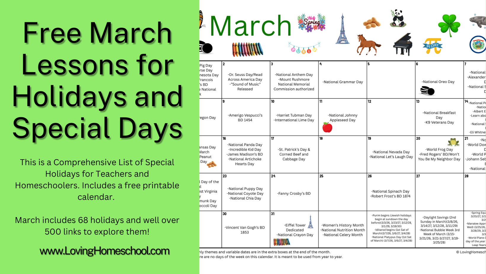 Free March Lessons for Holidays and Special Days - LovingHomeschool.com