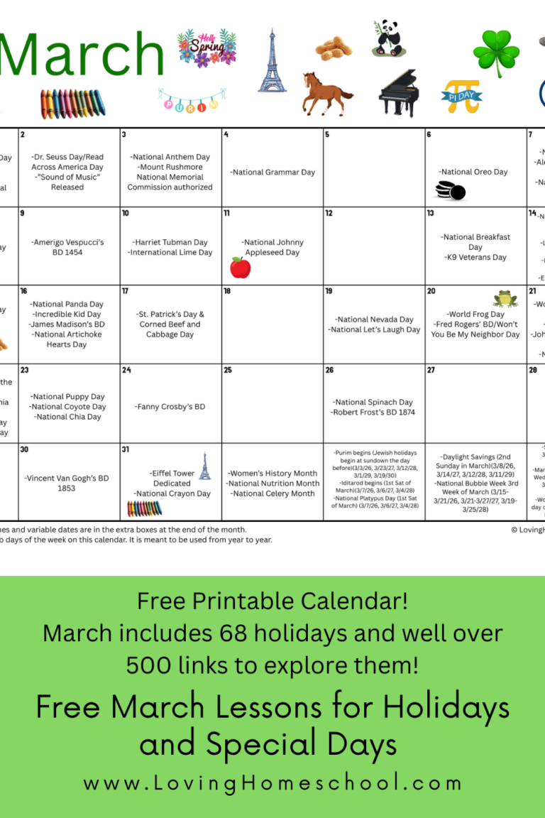 Free March Lessons for Holidays and Special Days - LovingHomeschool.com